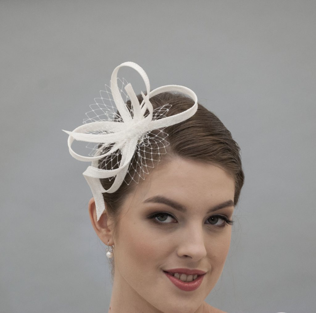 Marge Iilane - White modern wedding fascinator. Bridal fascinator.