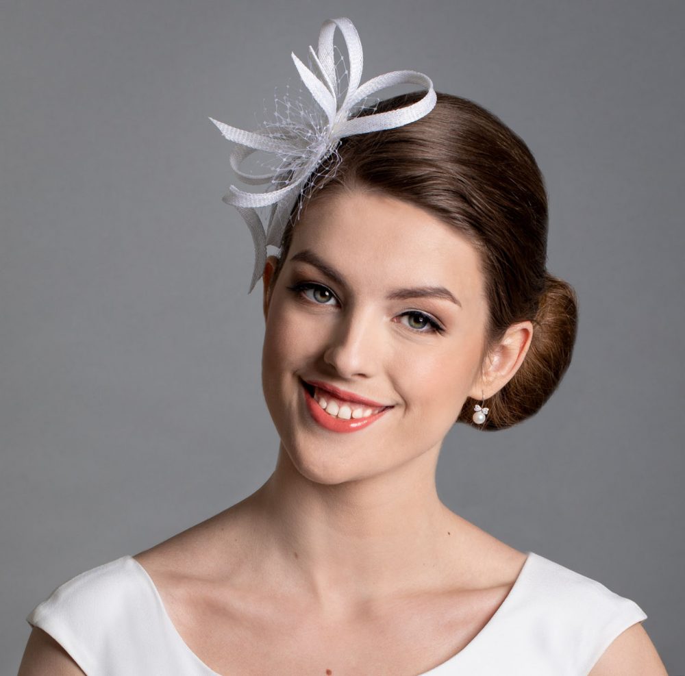 Marge Iilane - White modern wedding fascinator. Bridal fascinator.
